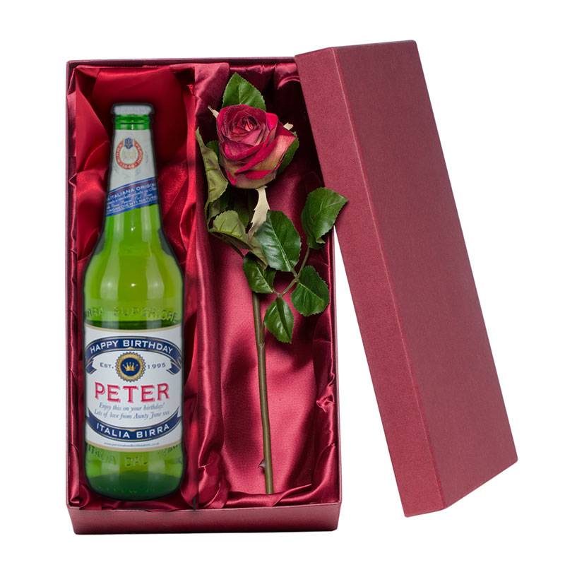 Personalised Peroni With Silk Rose Gift Set | Personalised Bottle Labels
