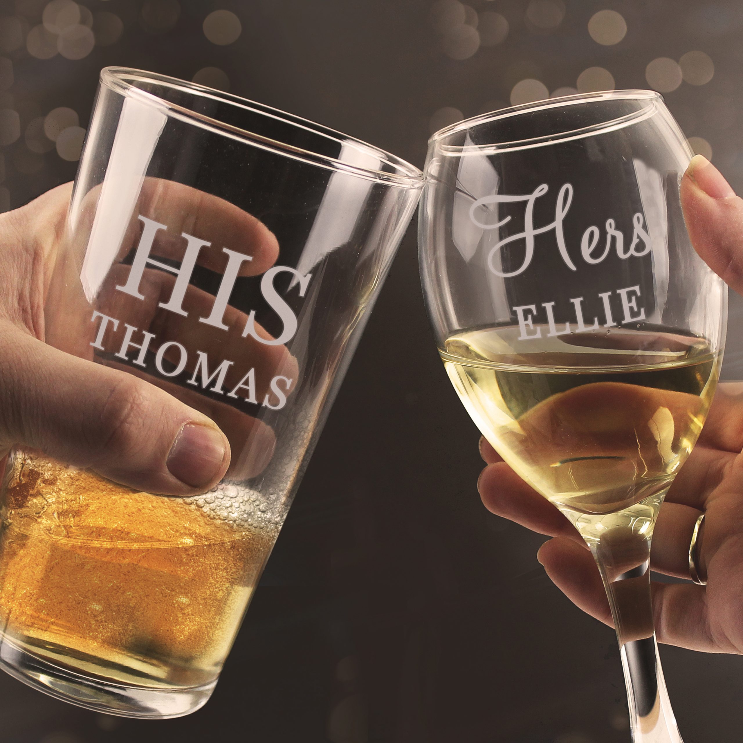 Personalised His & Her Pint And Wine Glass Set | Personalised Bottle Labels
