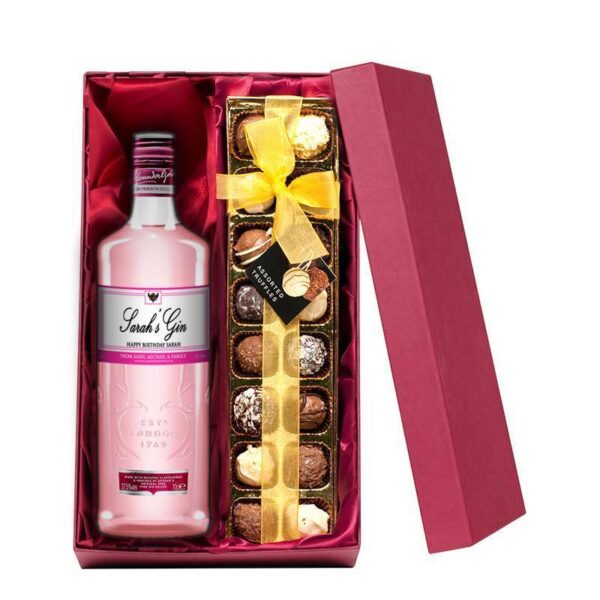 Personalised Pink Gin With Hand Made Truffles | Personalised Bottle Labels